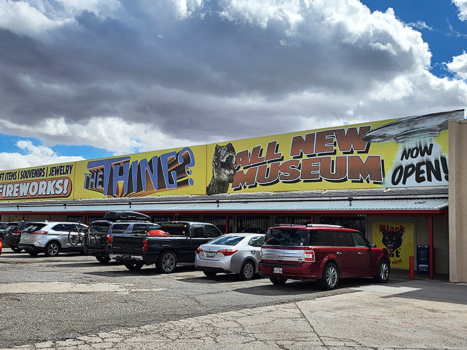 The iconic yellow banner beckons road-weary travelers like a desert mirage. "THE THING?" it shouts, as if the building itself can't believe what lurks inside.