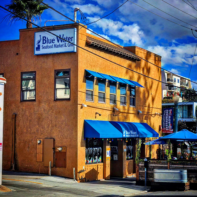 The sun-kissed stucco exterior of Blue Water Seafood beckons like a siren call to seafood lovers. That blue awning might as well be a lighthouse guiding hungry sailors home.