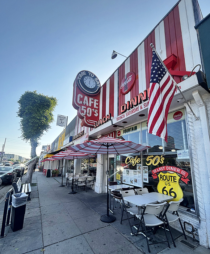 On Santa Monica Boulevard, Caf&eacute; 50&rsquo;s neon sign blazes like a beacon for hungry time travelers, promising more than just a meal.