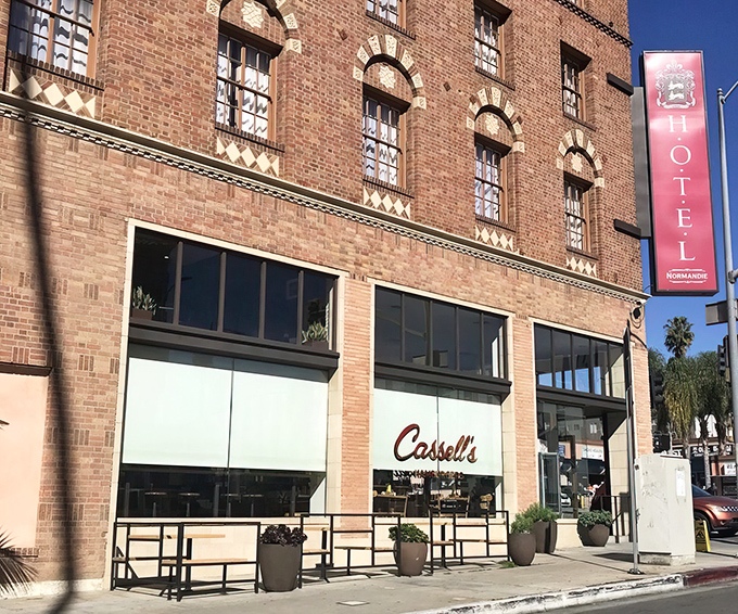 Cassell's classic brick storefront in the historic Hotel Normandie brings a touch of timeless charm to Koreatown's bustling streetscape.