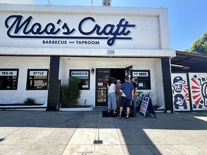The white facade of Moo's Craft Barbecue beckons like a smoke signal to BBQ pilgrims. Texas-style dreams in an LA setting.