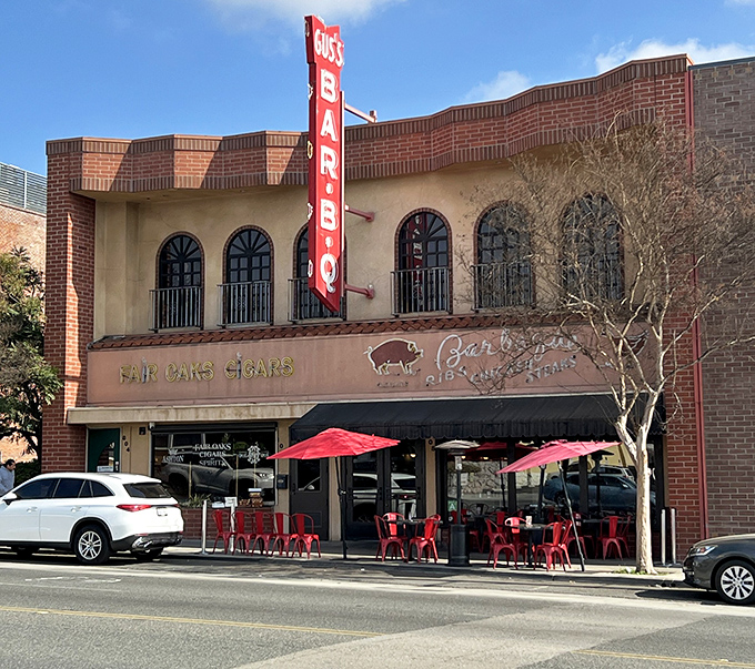 That iconic red vertical sign isn't just advertising &ndash; it's a beacon of hope for the hungry souls of South Pasadena. Welcome to barbecue paradise.