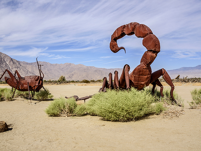 The desert's most intimidating resident, this massive metal scorpion looks ready to sting the sky itself. Nature's warning system, reimagined in rusty splendor.