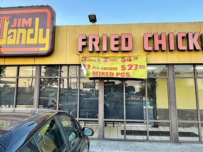 The unmistakable yellow facade of Jim Dandy stands like a beacon of comfort food in South LA, promising crispy salvation to hungry travelers.