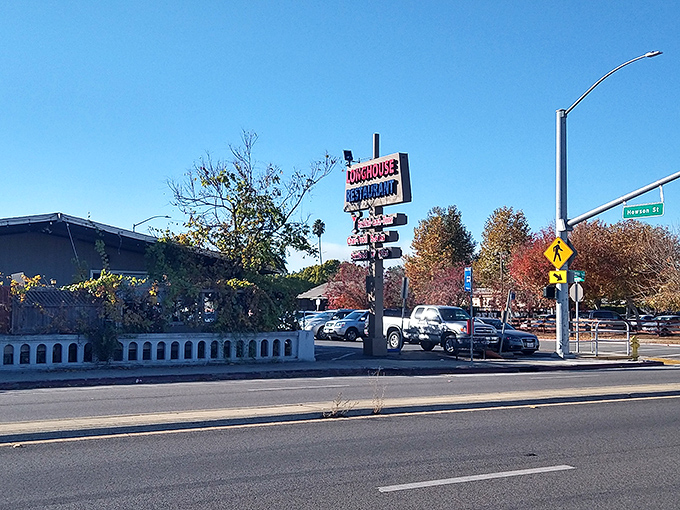 The unassuming exterior of Longhouse Restaurant in Gilroy hides culinary treasures within. String lights add a welcoming touch to this local gem.