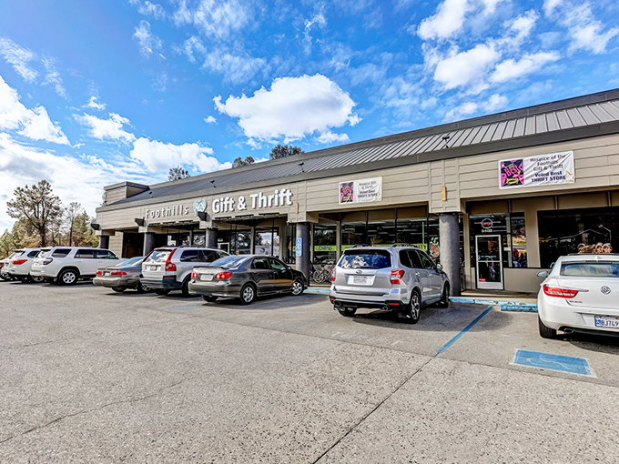 The unassuming storefront of Foothills Gift & Thrift belies the wonderland of treasures waiting inside. Blue skies promise good hunting ahead!