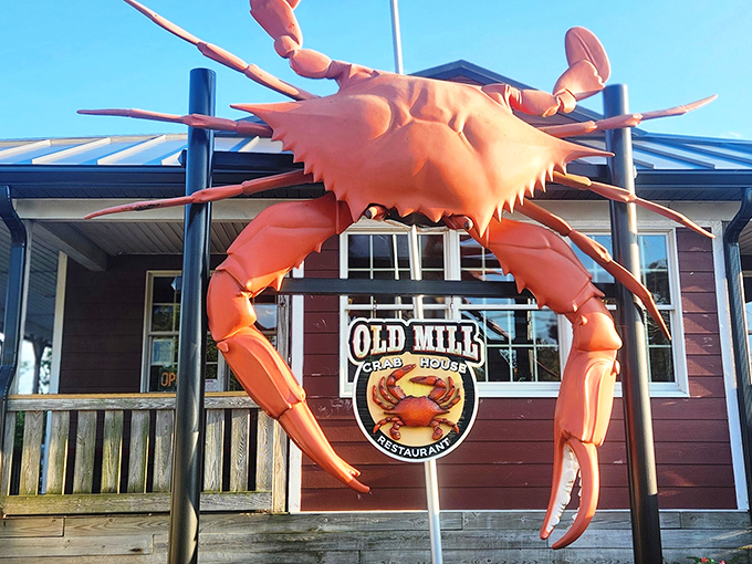 The giant orange crab perched atop Old Mill's entrance isn't just decoration&mdash;it's a beacon calling seafood lovers home from miles around.