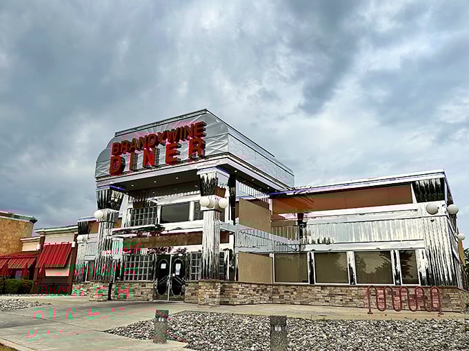 The iconic Brandywine Diner sign beckons hungry travelers like a retro lighthouse guiding ships to the shore of breakfast bliss.