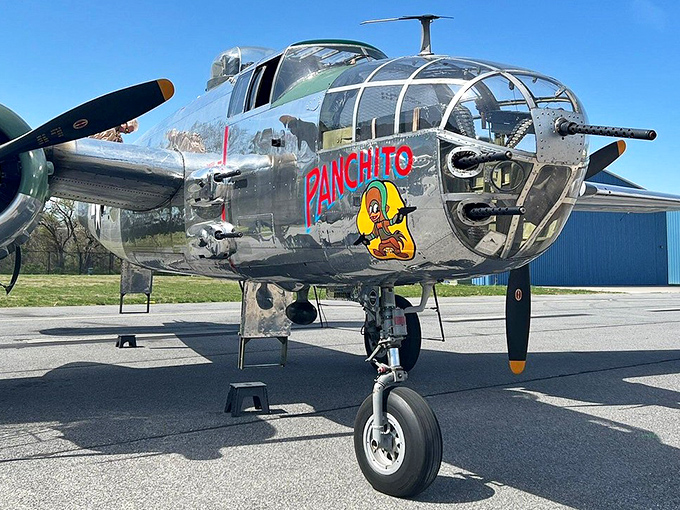 "Panchito," a gleaming B-25 Mitchell bomber, sports nose art that would make your grandma blush and your grandpa nod in knowing appreciation.