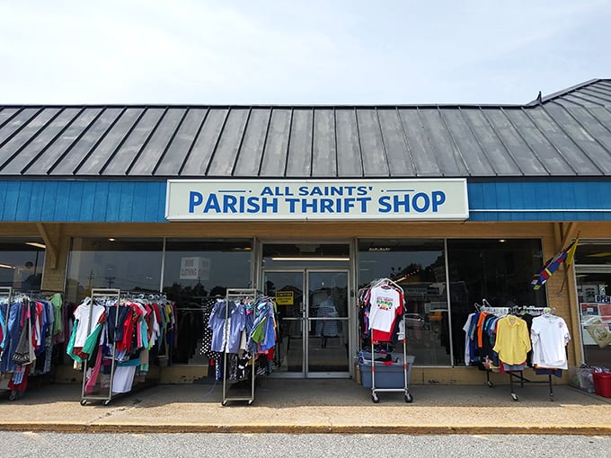 The unassuming blue-trimmed exterior of All Saints' Parish Thrift Shop beckons with racks of clothing treasures spilling onto the sidewalk, like a retail welcome mat.