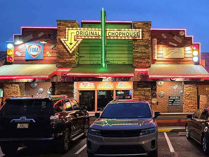 As twilight falls, Manny's transforms into a neon-lit temple of temptation. The glowing sign is practically whispering, "Your diet starts tomorrow."