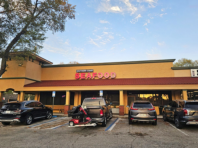 The patriotic fence says it all &ndash; this unassuming yellow stucco building houses seafood treasures that would make Neptune himself jealous.