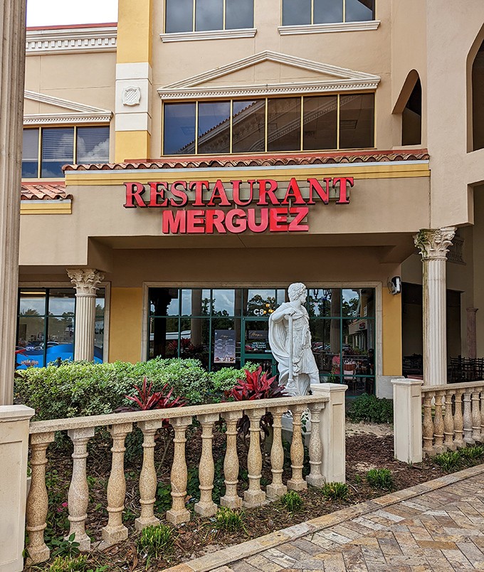 The Mediterranean-inspired fa&ccedil;ade of Merguez Restaurant stands out in Orlando like a delicious mirage, complete with classical columns and a welcoming stone balustrade.