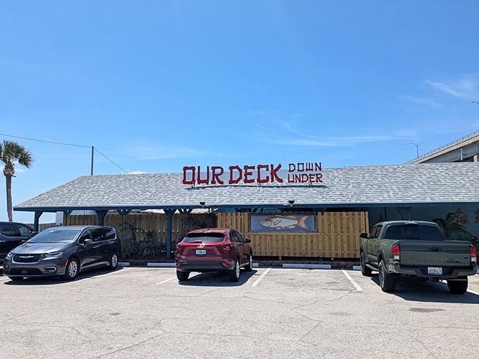 The unassuming exterior of Our Deck Down Under proves the old adage: never judge a seafood joint by its roof. Florida's hidden treasures often lurk beneath bridges.