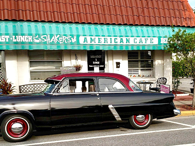 The classic turquoise awning and Spanish-tiled roof of Shakers American Caf&eacute; stands as a beacon for breakfast lovers. That vintage car isn't just for show&mdash;it's foreshadowing the timeless experience inside.