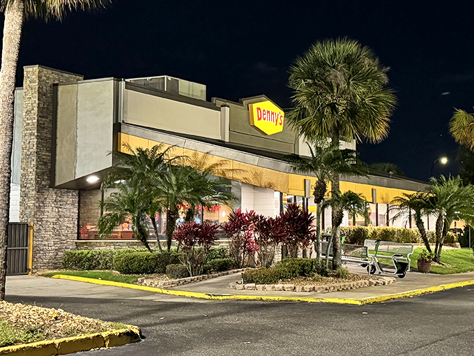 As night falls, Denny's transforms into an oasis of warm light and possibility, where pancakes at midnight aren't just allowed but encouraged.