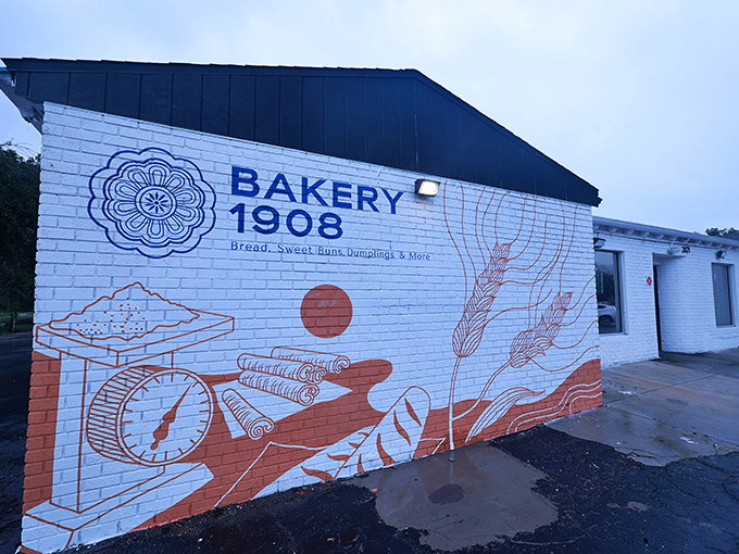 The white brick exterior of Bakery 1908 features a striking mural that's basically a love letter to the art of baking. Carbs have never looked so inviting!