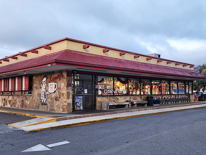 The yellow and red exterior of Lenny's stands like a breakfast beacon in Clearwater, promising comfort food salvation to hungry souls at any hour.