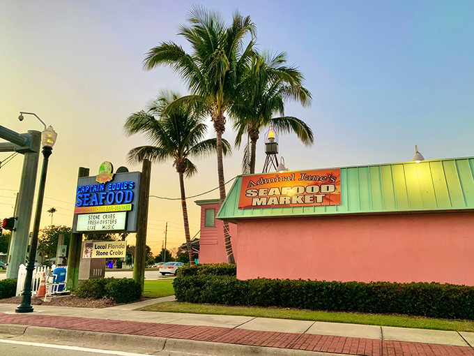 Look at that sign next door – even the seafood market knows where the real action happens.