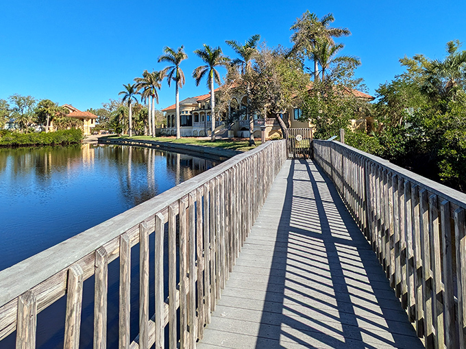 The wooden boardwalk stretches like a promise toward paradise, with palm trees standing tall like nature's welcoming committee.