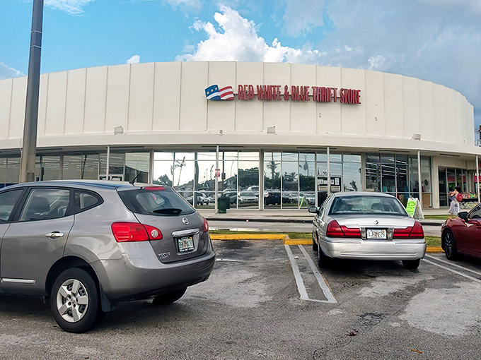 The unassuming exterior of Red White & Blue Thrift Store hides a treasure trove within. Like a poker player with a royal flush, it keeps its best cards hidden.