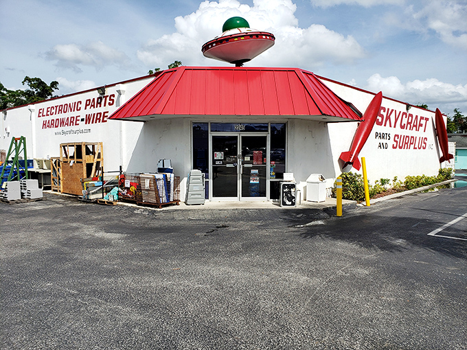 Not your average storefront! Between the rocket and the flying saucer, Skycraft announces itself as Orlando's quirkiest shopping experience for the technically inclined.