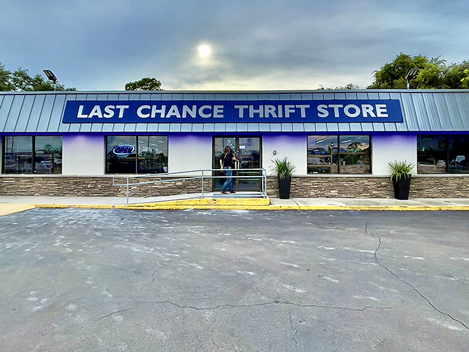 Under Florida's cloud-dappled sky, the storefront's stone accents and wheelchair-accessible entrance welcome treasure seekers of all abilities.