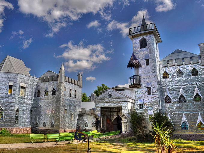 Like a medieval mirage rising from Florida's cattle country, Solomon's Castle gleams in the sunshine, proving that one person's recycled aluminum is another's royal palace.