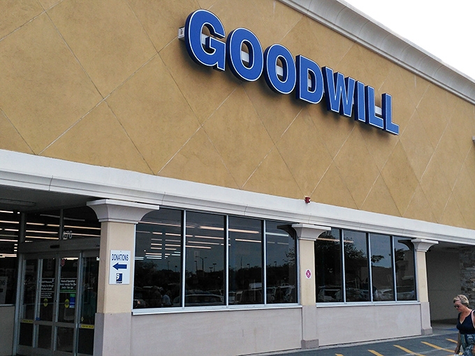 The blue Goodwill sign beckons like a lighthouse for bargain hunters. Venice's treasure trove awaits under those Florida skies.