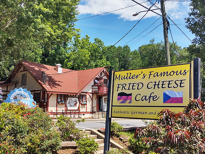 Bavarian charm meets Southern hospitality at Muller's exterior, where the red-roofed Alpine architecture promises a delicious escape from the ordinary.