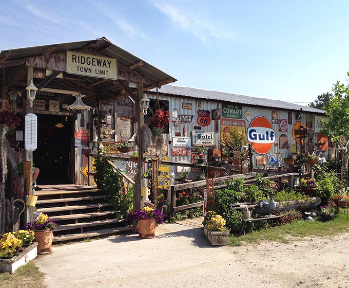 The entrance to treasure-hunting paradise! Vintage signs and rustic charm welcome bargain hunters to this Savannah institution where one person's castoffs become another's conversation pieces.
