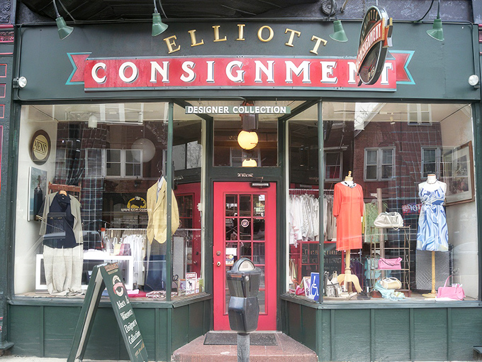 The iconic green and red storefront of Elliott Consignment beckons fashion hunters with its promise of designer treasures at prices that won't require a second mortgage.