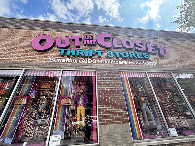The unmistakable pink and teal signage of Out of the Closet brightens Belmont Avenue like a beacon for bargain hunters and do-gooders alike.