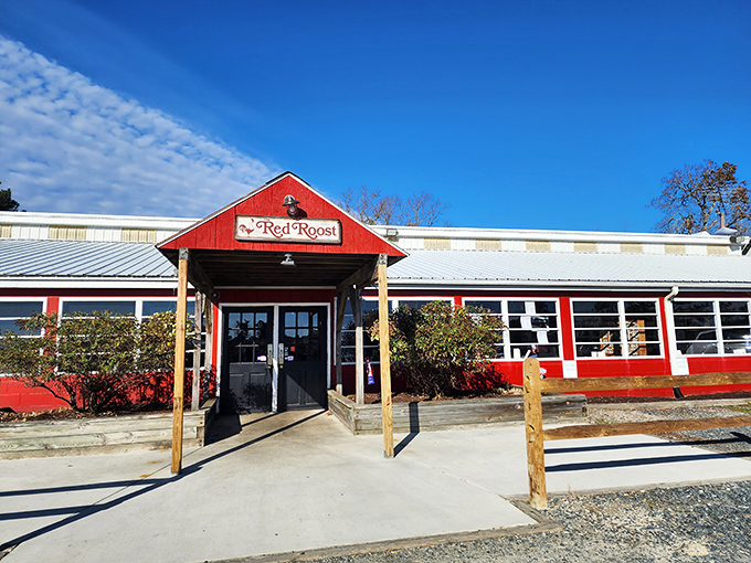 The bright red exterior isn't just a name&mdash;it's a beacon of culinary promise standing proudly against the Maryland sky, beckoning hungry travelers from miles around.