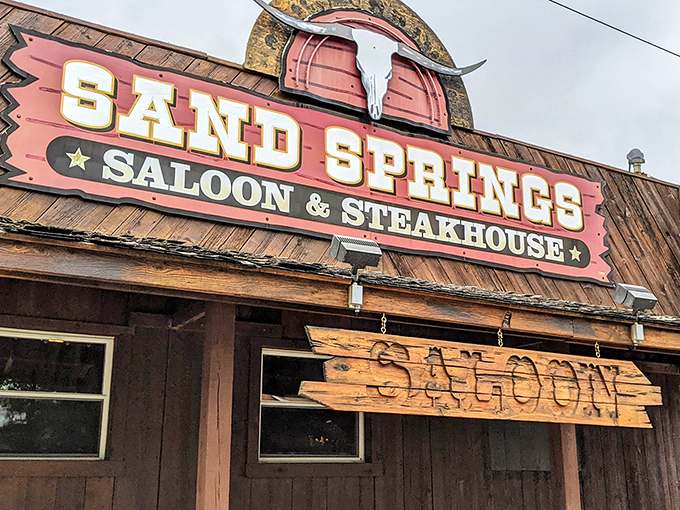 This weathered Western facade promises culinary adventures that would make any cowpoke abandon the trail for dinner.