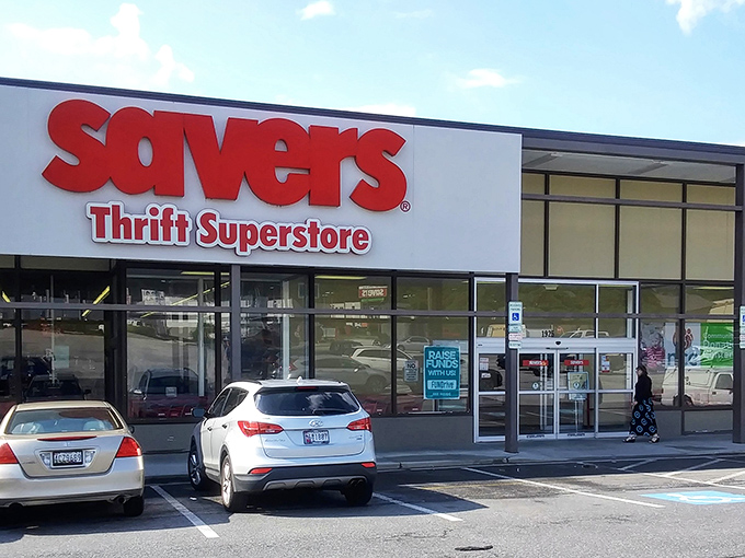 Morning sunshine illuminates the Savers storefront, where cars already gather like early birds determined to catch the worm&mdash;or in this case, the vintage leather jacket.