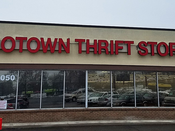 The iconic red Motown Thrift sign promises treasure hunting adventures that won't break the bank. Michigan's bargain paradise awaits!