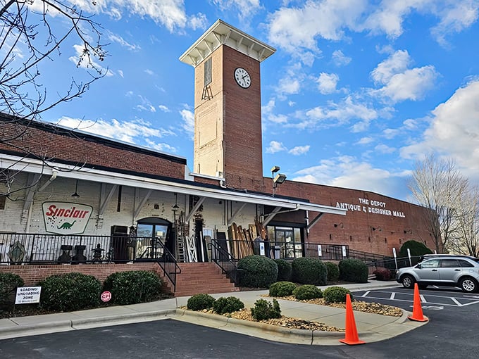 The iconic clock tower stands sentinel over The Depot, like a timekeeper guarding treasures from every era beneath its watchful face.