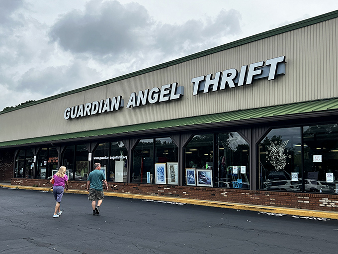 The unassuming exterior of Guardian Angel Thrift beckons with promises of hidden treasures waiting just beyond those doors.