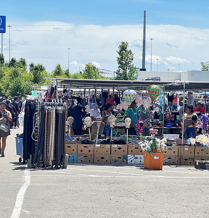 Same outdoor vendor area from another angle, where on sunny weekends, treasure hunters navigate a sea of merchandise like modern-day pirates seeking retail booty.