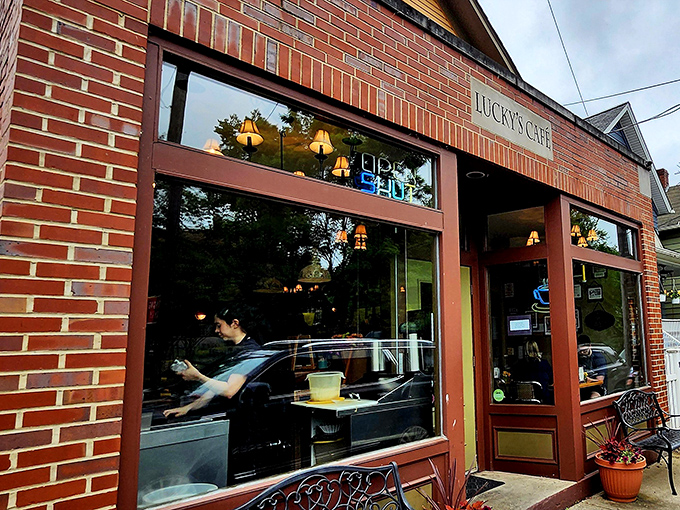 The unassuming brick facade of Lucky's Cafe hides culinary treasures within, like finding a Michelin-worthy meal in your grandmother's kitchen.