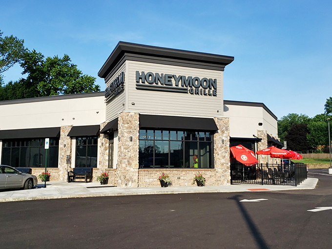 The Honeymoon Grille stands proudly in Akron, its stone-accented facade and cheerful patio umbrellas promising comfort food paradise within. Ohio's breakfast pilgrimage destination awaits.