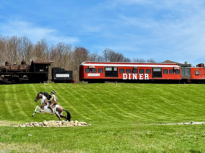 All aboard the flavor express! The Buckeye Express Diner in Bellville sits majestically on a grassy hill, complete with a vintage locomotive and horse statue that screams "only in Ohio."
