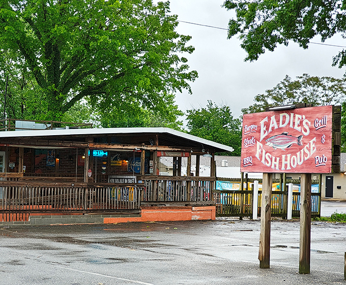 The unassuming exterior of Eadie's Fish House proves once again that culinary treasures often hide behind corrugated metal and wooden decks rather than fancy facades.