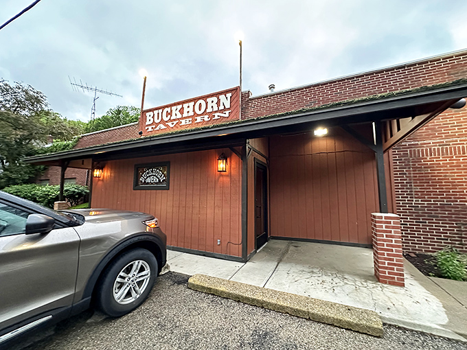 Daylight reveals the tavern's modest entrance, where countless hungry Ohioans have begun their quest for prime rib perfection.