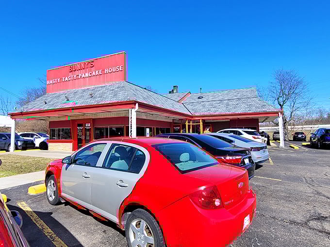 The iconic red roof of Hasty Tasty Pancake House stands out like a breakfast beacon, promising comfort food salvation to hungry Dayton locals since long before trendy brunch was invented.