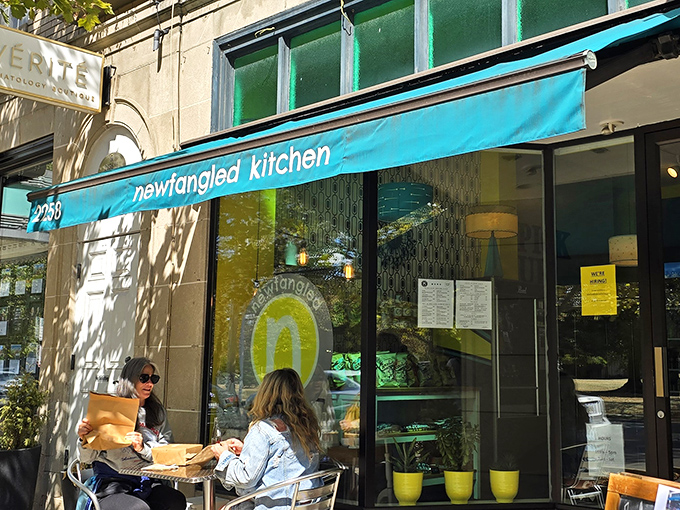 That turquoise awning isn't just eye-catching—it's a beacon for sandwich lovers across Ohio. Newfangled Kitchen's exterior promises culinary adventures within.