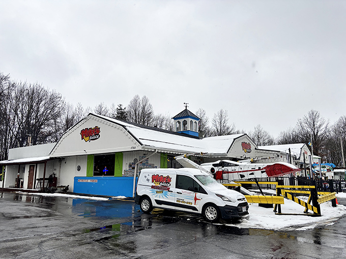 The blue cupola atop Mike's Place stands like a quirky lighthouse, beckoning hungry travelers to this culinary wonderland in Kent.