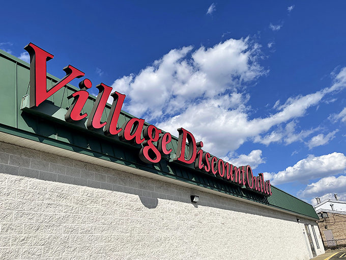 The iconic red signage against a blue Ohio sky &ndash; a beacon of hope for bargain hunters and treasure seekers alike.