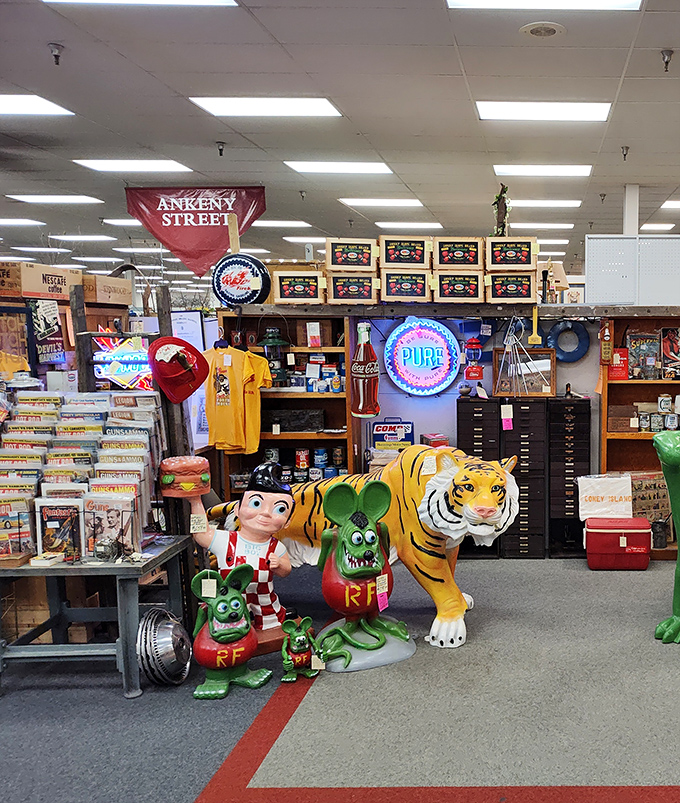 Where Big Bob's Big Boy meets Rat Fink! This booth's eclectic collection of vintage advertising mascots proves one person's kitsch is another's treasure hunt gold.